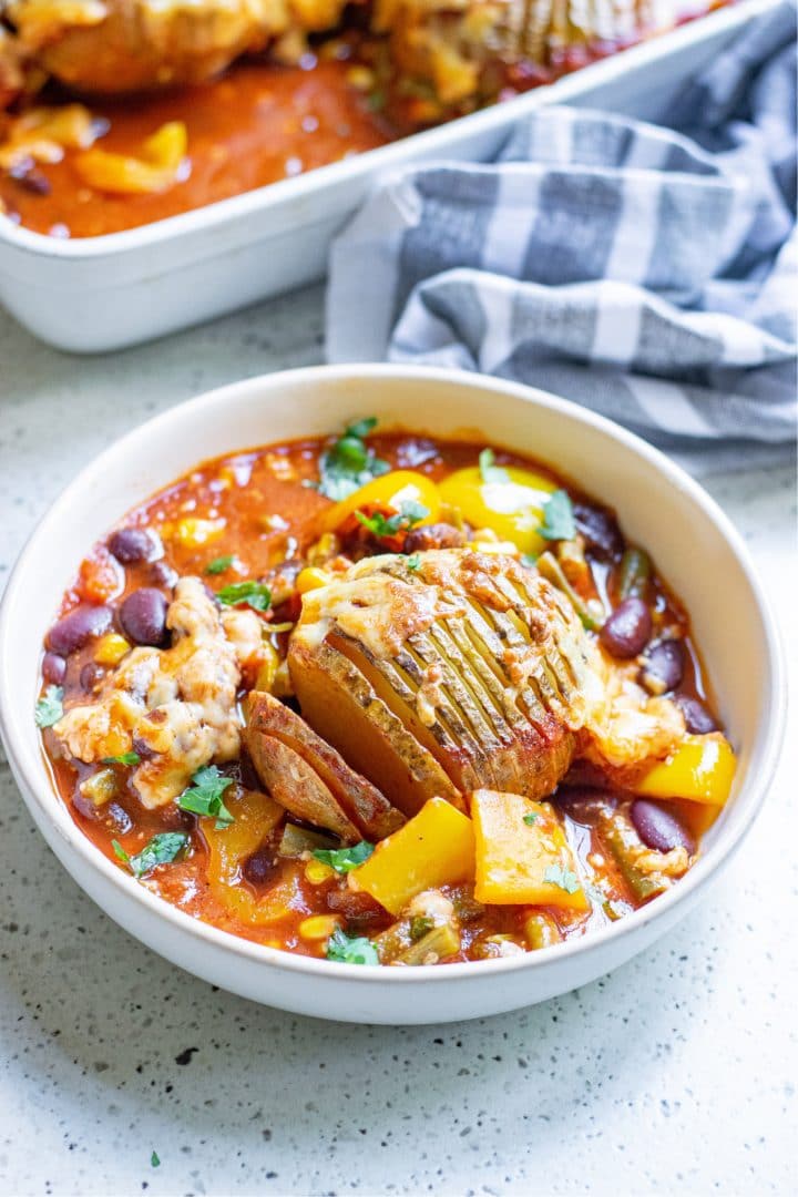 One Pot Vegetable Chili Baked Hasselback Potatoes - Whole Food Bellies